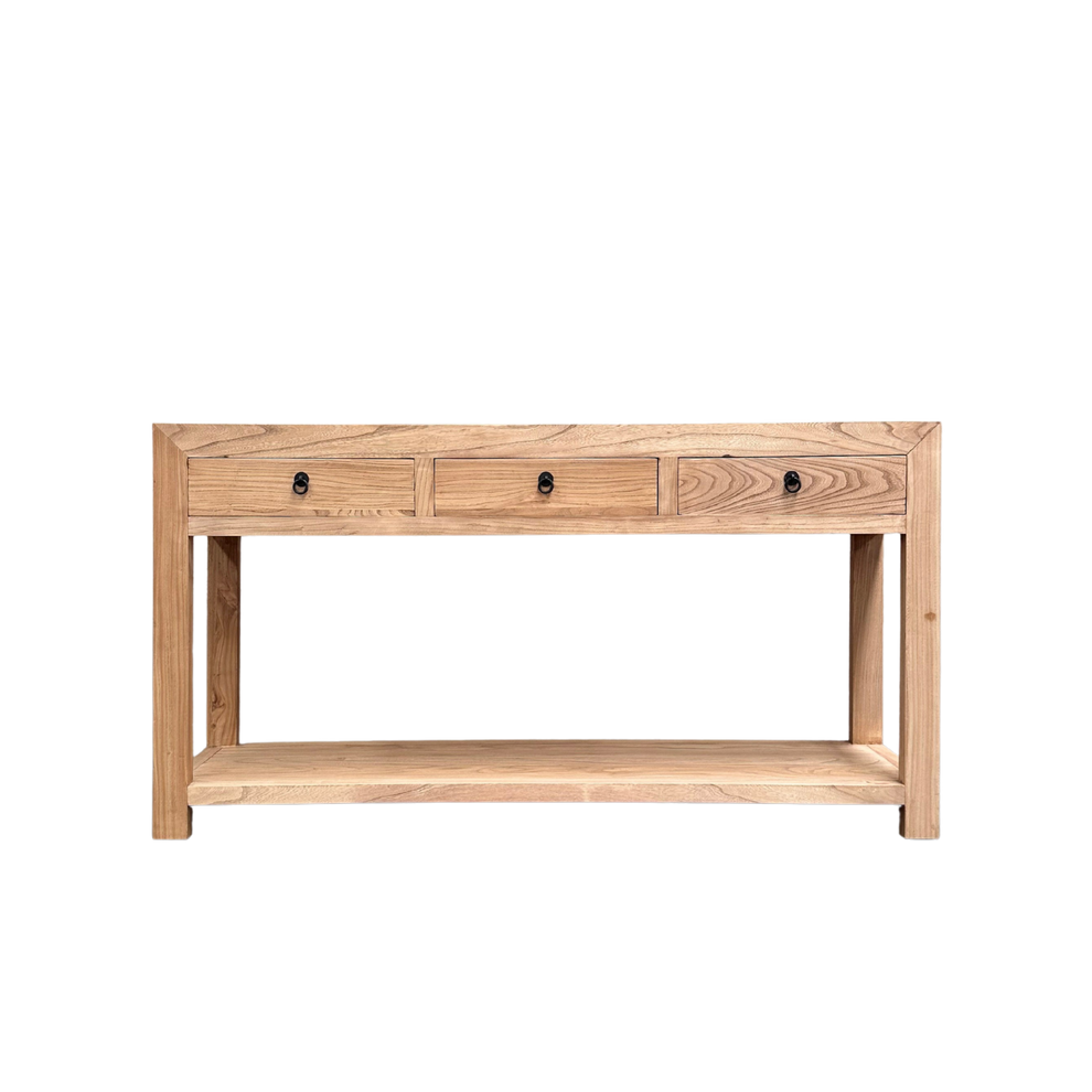 Natural Elm Square Console Table with 3 Drawers | Solid Timber Storage ...